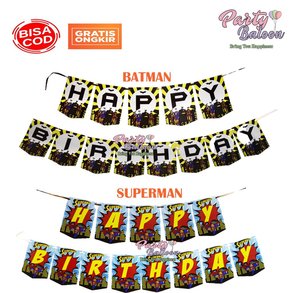 Jual Banner ulang tahun karakter Batman Tulisan Happy BIrthday Superman ...