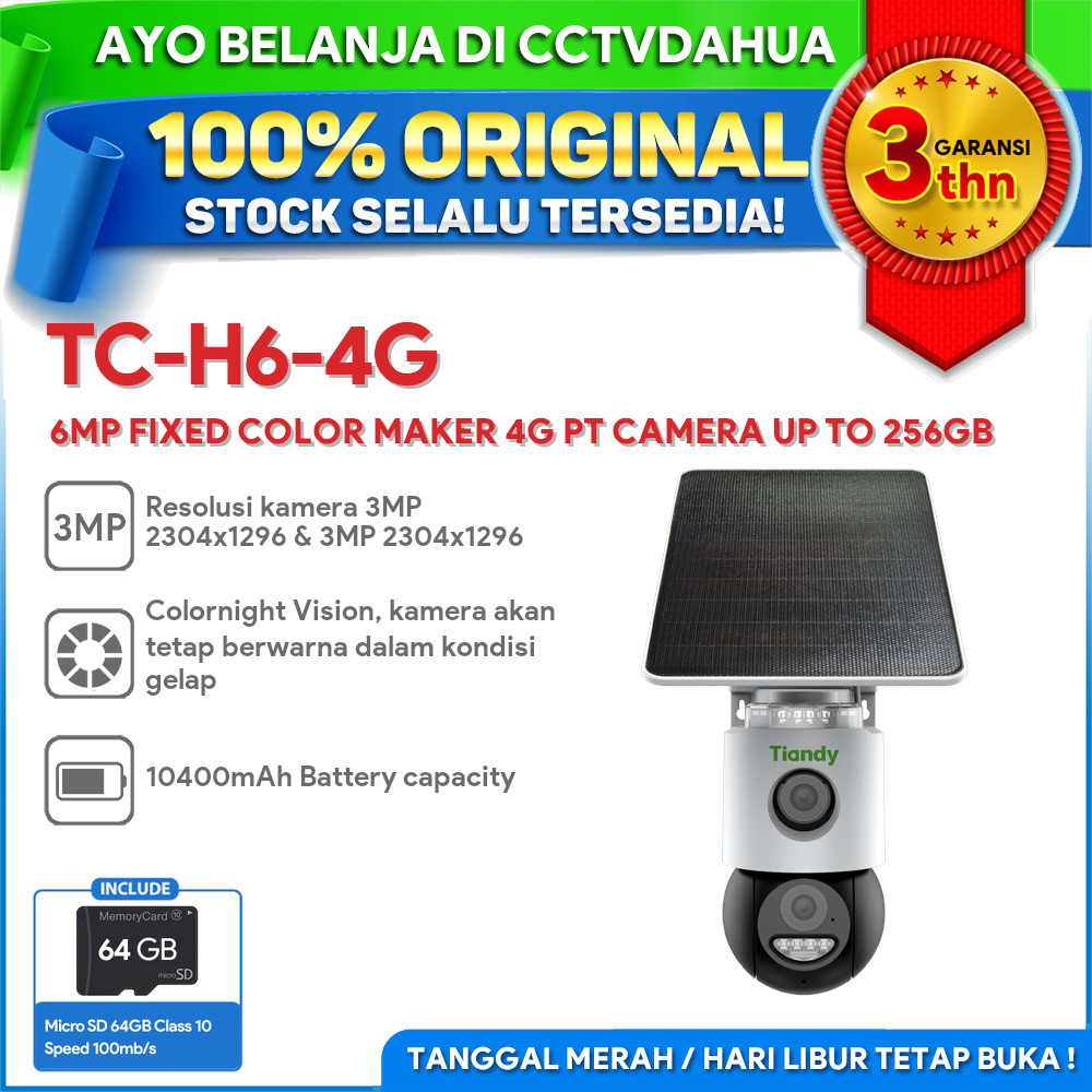 Jual TIANDY TC-H6-4G 6MP FIXED COLOR MAKER 4G PT CAMERA UP TO 256GB FREE MICRO SD 64GB | Shopee ...