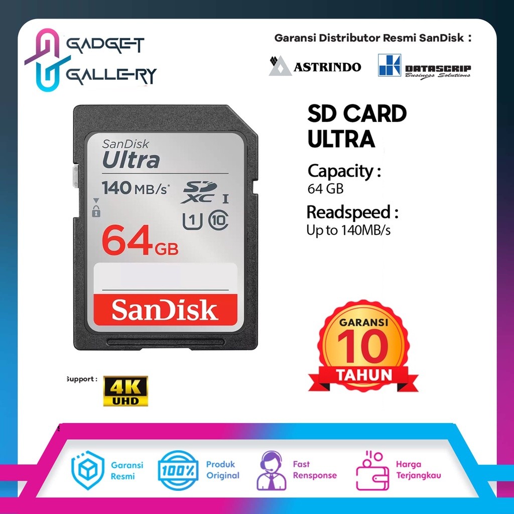 Jual Sandisk Ultra SDXC UHS-I Card / SD Card Class 10 140MBps - 64GB | Shopee Indonesia