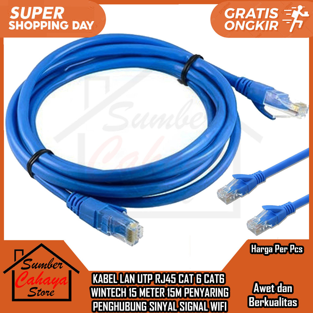 Jual Kabel Lan Utp Rj45 Cat 6 Cat6 Wintech 15 Meter 15m Penyaring ...