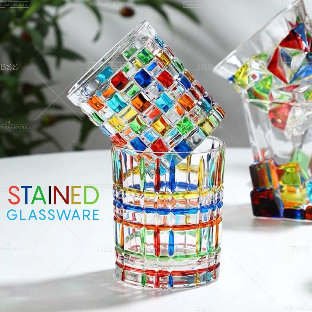 Jual Rainbow Stained Glass gelas Kaca beer vodka Air Minum old fashioned coktail Gelas Minum ...