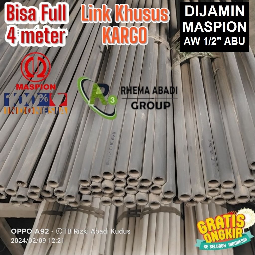 Jual Pralon Pvc Pipa Air MASPION AW ABU 1/2" inch (22 mm) Paralon ...