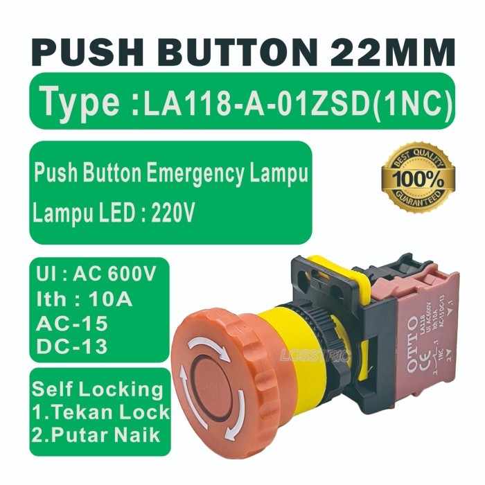 Jual PUSH BUTTON EMERGENCY STOP LAMPU LED (SELF LOCKING) 22MM LA118-A ...
