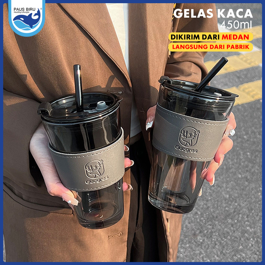 Jual Paus Biru - Gelas Kaca 450ml Case Kulit Tahan Panas Dengan Sedotan ...