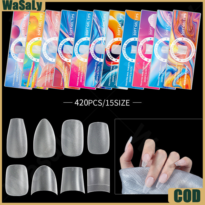 Jual 420 Pcs/set Soft Fake Nails Rainbow Soft Gel Tip 15 Size Full Buff ...
