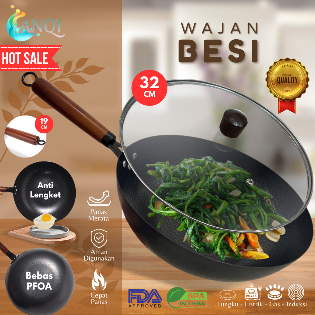 Jual ANQI SHOP Wajan Teflon Besi Anti Lengket Double Bottom 32cm Cook & Clean Wok Pan VS-1872 ...