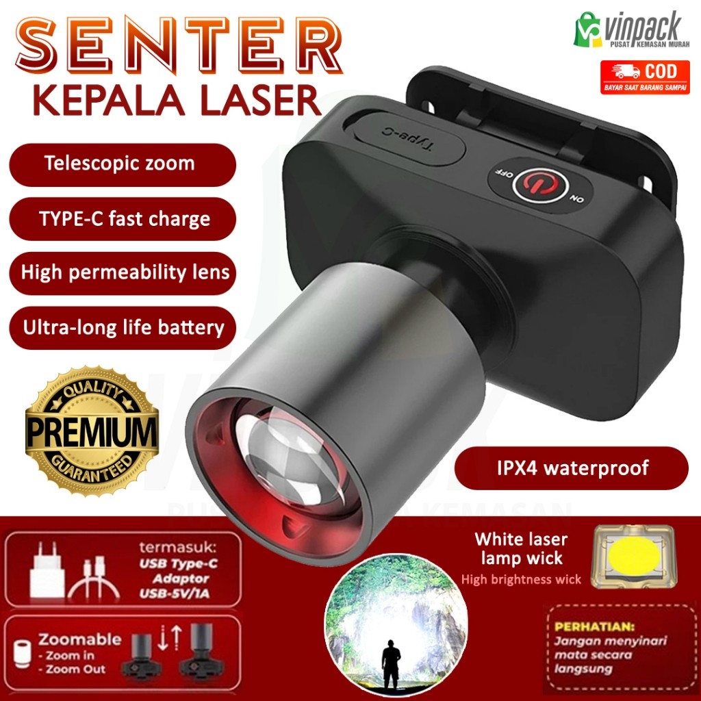 Jual Senter Kepala Zoom Super Terang LED 60w Rechargeable Usb Type C/ Lampu Kepala LED Laser ...