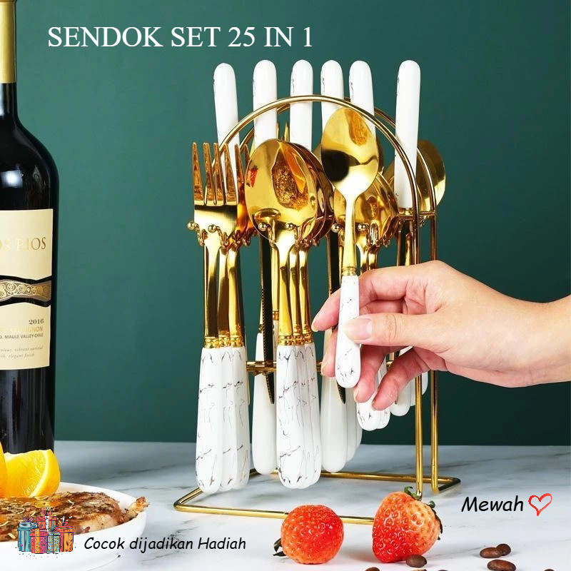 Jual Sendok Sultan Set 25 IN 1 Sendok Garpu Set Mewah + Rak Gold Marble ...