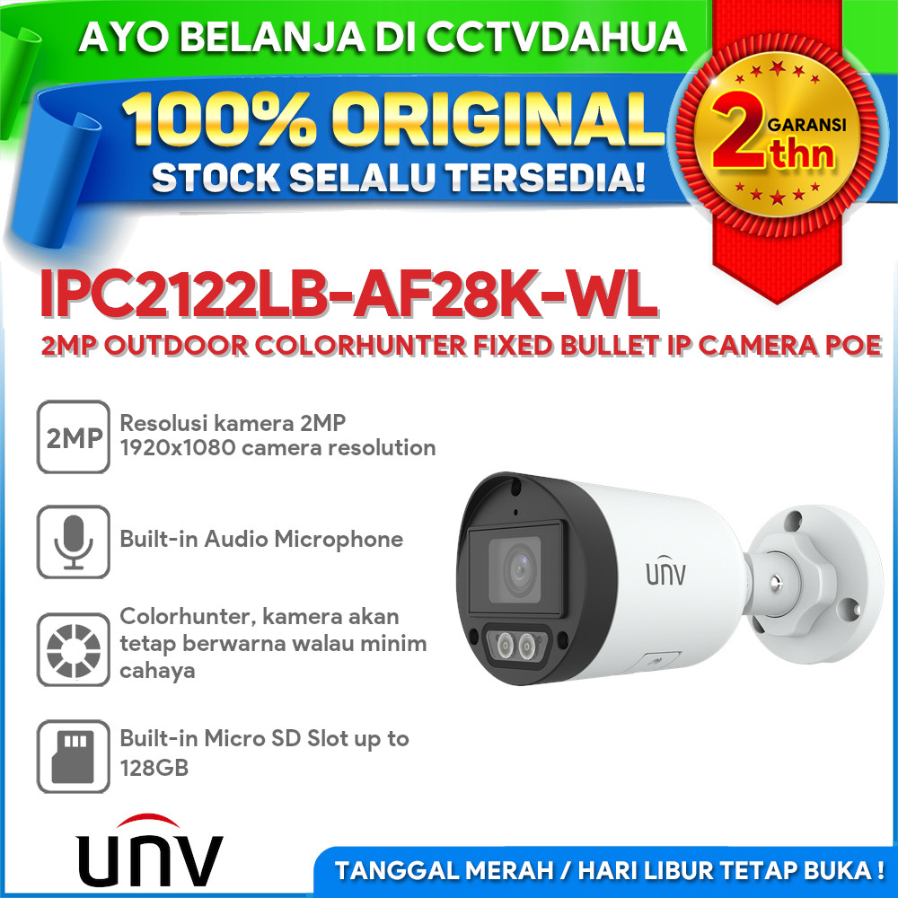 Jual UNV IPC2122LB-AF28K-WL 2MP OUTDOOR COLORHUNTER FIXED BULLET IP CAMERA POE | Shopee Indonesia