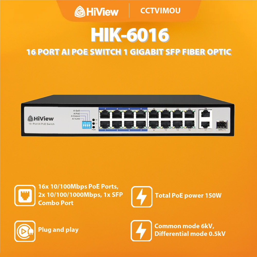 Jual HIVIEW HIK-6016 16 PORT AI POE SWITCH 1 GIGABIT SFP FIBER OPTIC ...