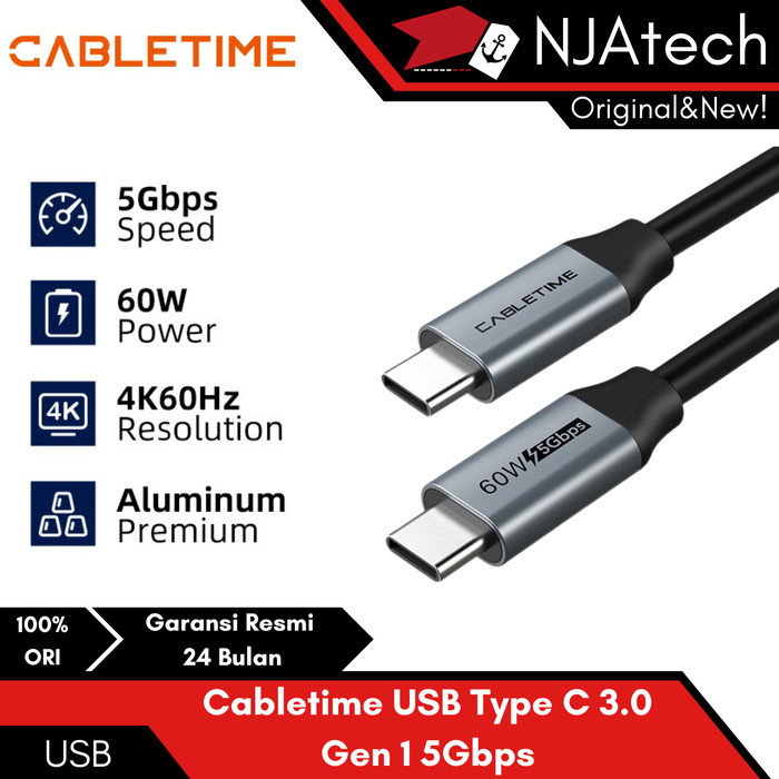 Jual CABLETIME Kabel Data USB C to C 60W 5Gbps Type C Gen 1 Male to Male CU10 | Shopee Indonesia