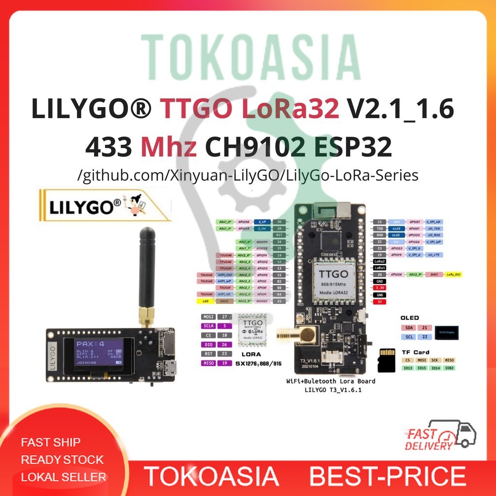 Jual LILYGO® TTGO LoRa32 V2.1_1.6 433Mhz CH9102 ESP32 OLED 0.96 inch SD Card Bluetooth WIFI ...