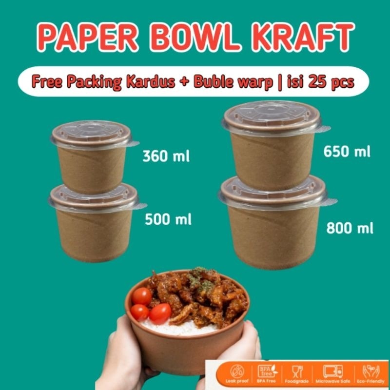 Jual Paper Bowl Kraft Coklat Laminasi | Mangkok Kertas +Tutup | Paper Rice Bowl (25pcs+Tutup ...