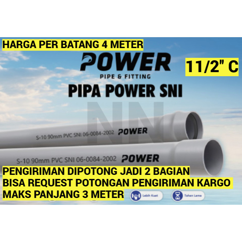 Jual PIPA PVC POWER ABU 11/2'' INCH C 1 BATANG 4METER PARALON PRALON ...