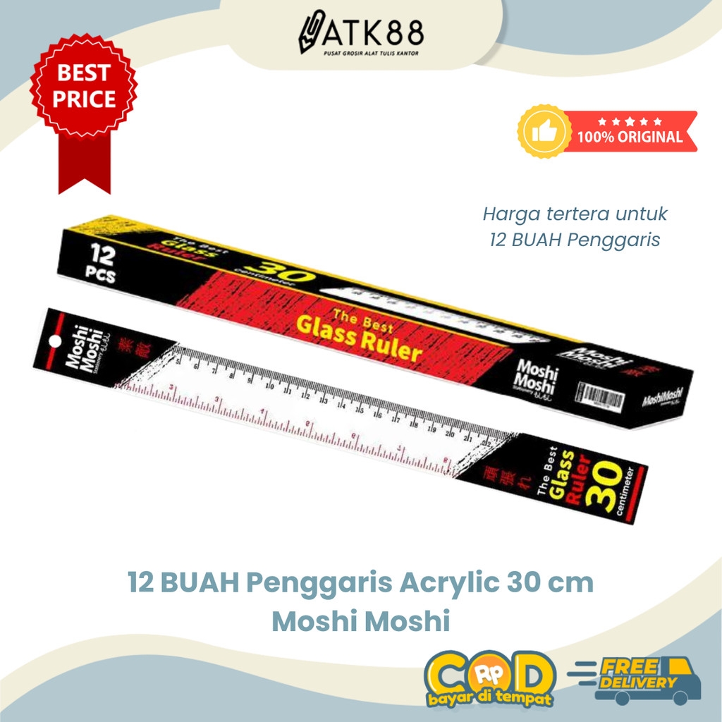 Jual 1 PAK Penggaris Plastik Moshi Ruler 30 cm Mika Transparant isi 12 ...