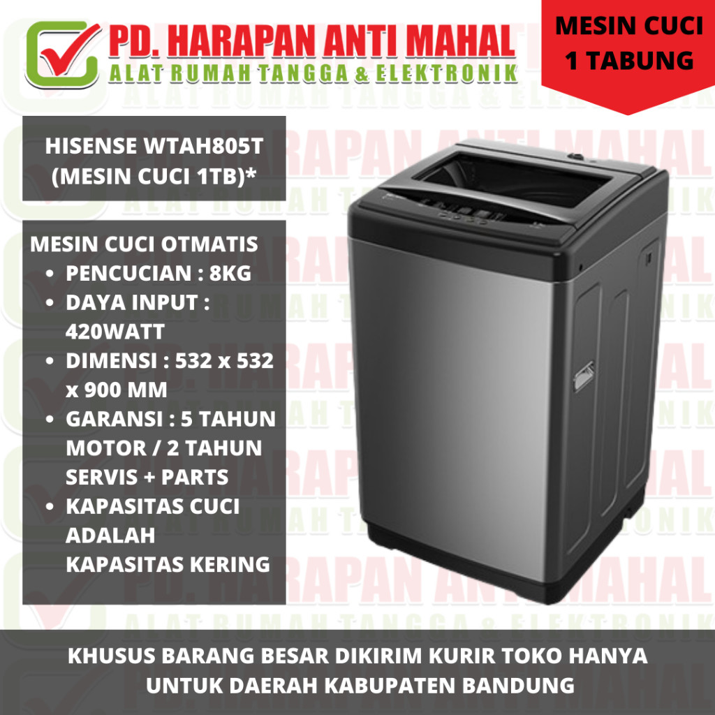 Jual HISENSE WTAH805T (MESIN CUCI 1TB)*/Hisense Mesin Cuci 1 Tabung Top ...
