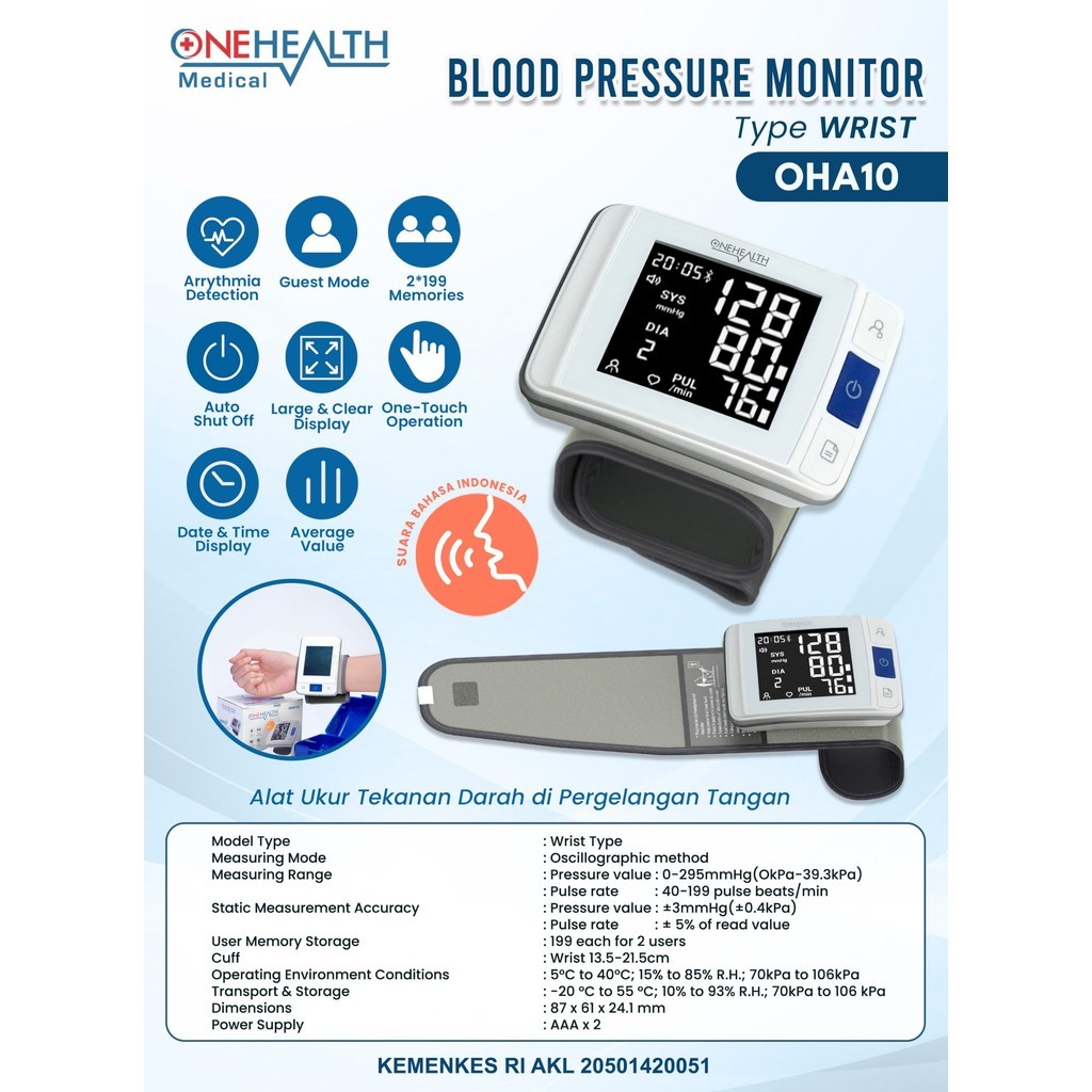 Jual Onehealth OHA10 Blood Pressure Monitor Wrist Type Tensi Meter ...