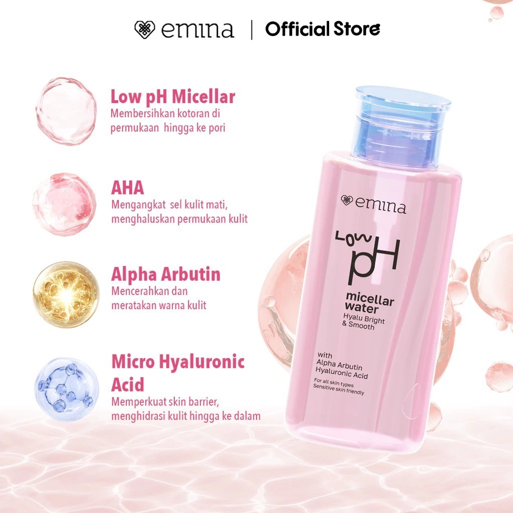Jual NEW! Emina Low pH Micellar Water HyaluBright & Smooth 125ml & 300ml | For All Skin Types ...