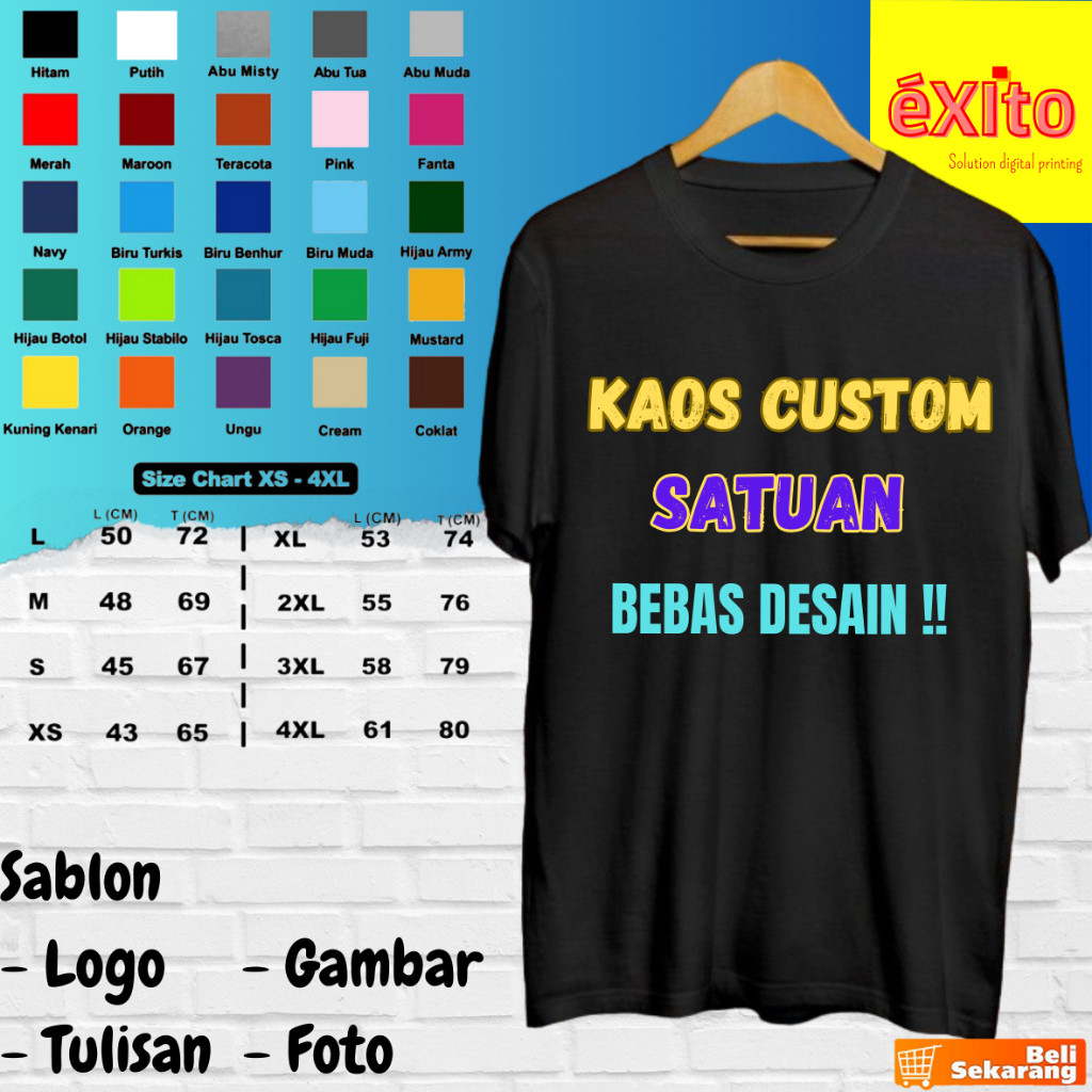 Jual Kaos Baju Custom Sablon Satuan Bebas Desain Full Warna | Sablon DTF | Cotton Combed 30 ...