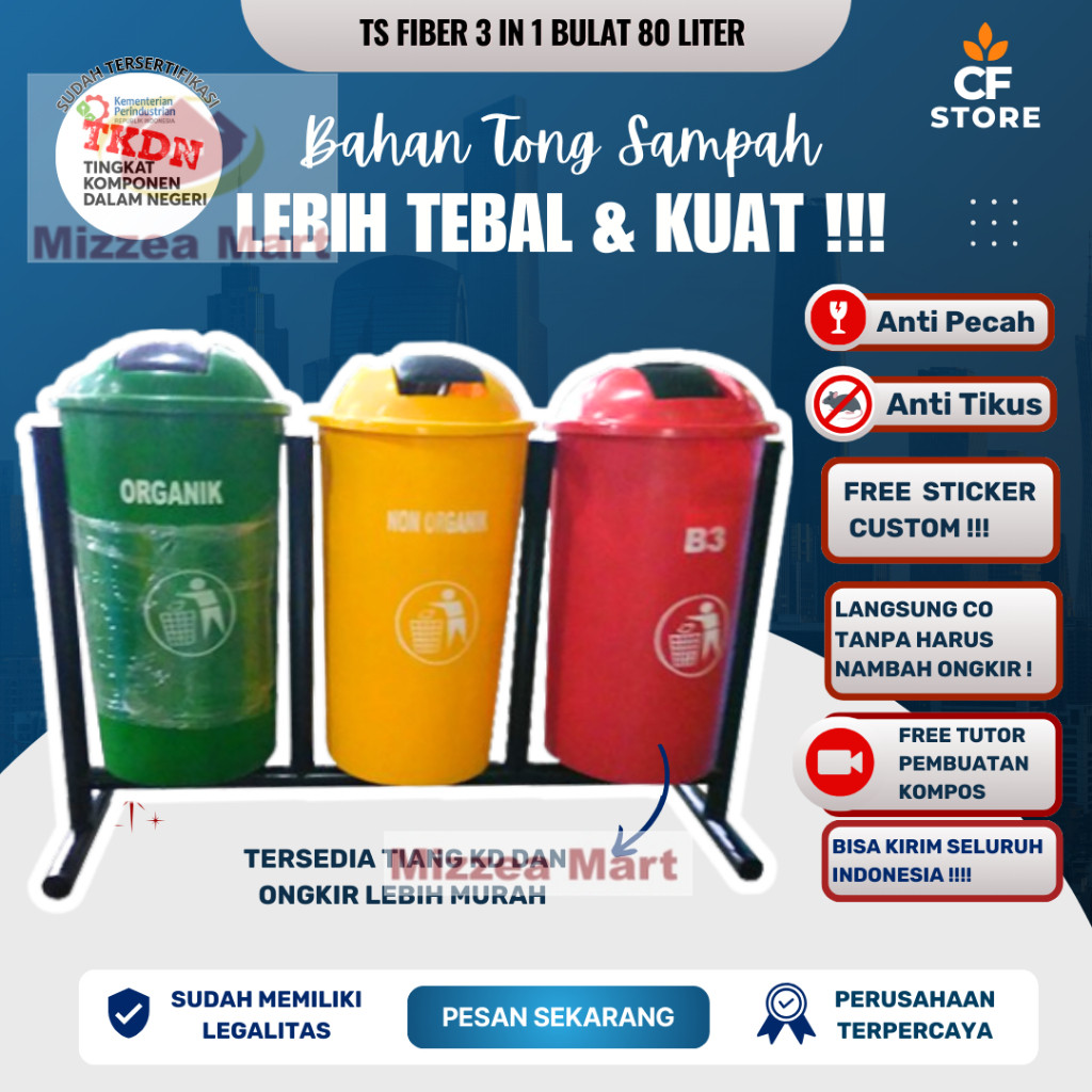 Jual Mizzea Tempat Sampah Fiber Bulat 3 IN 1 80 Liter,Tong Sampah, Bak ...