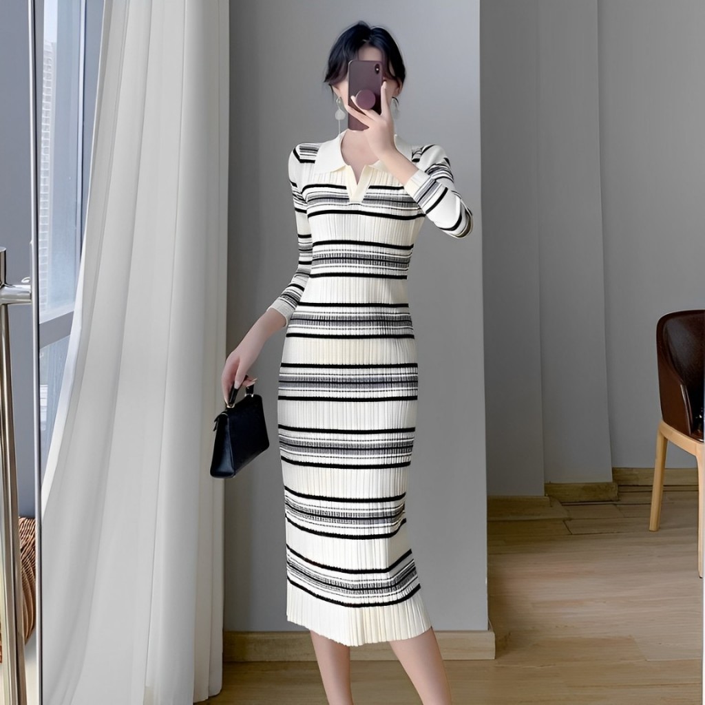 Jual Fashion Female - Dress Rajut Casual Bodycon V-Neck Lengan Panjang ...