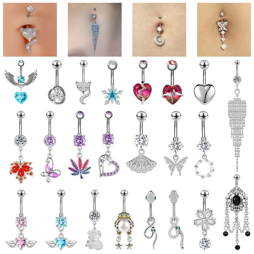 Jual 1 PC Dangle Navel Piercing 316L Stainless Steel Belly Button Ring Crystal Flower/Moon ...
