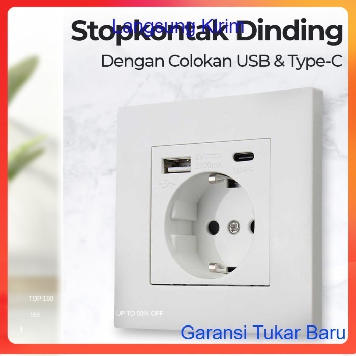 Jual Honbi Stopkontak Dinding USB Type-C Soket Listrik Square Wall ...