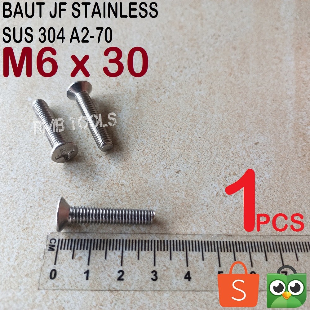 Jual Baut JF M6x30 Stainless Steel 304 Obeng Plus Flat Head Tahan Karat M6 | Shopee Indonesia