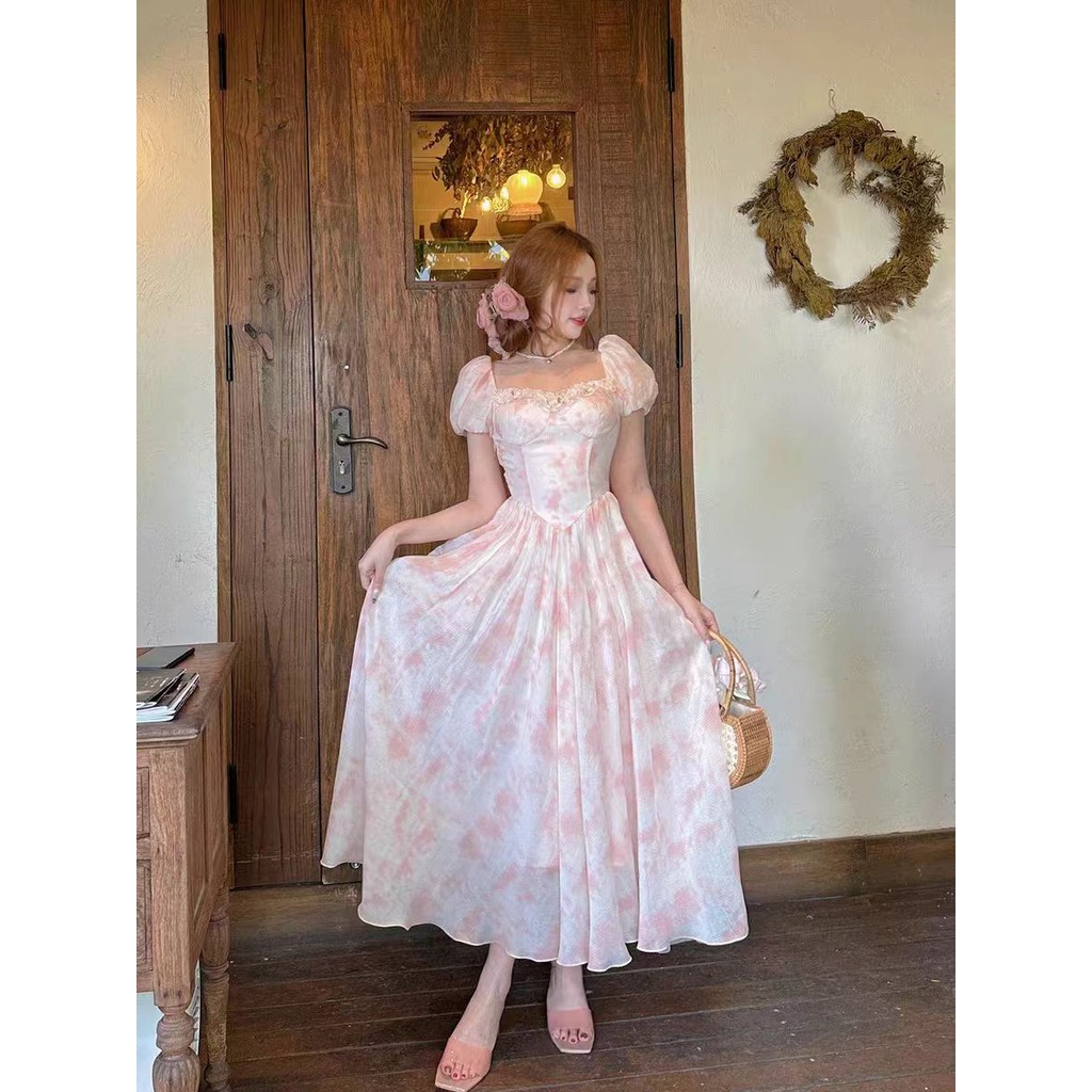 Jual [Cream Berry] Gaun Sifon Prancis Romantis Cinta Pertama Gaun Midi ...