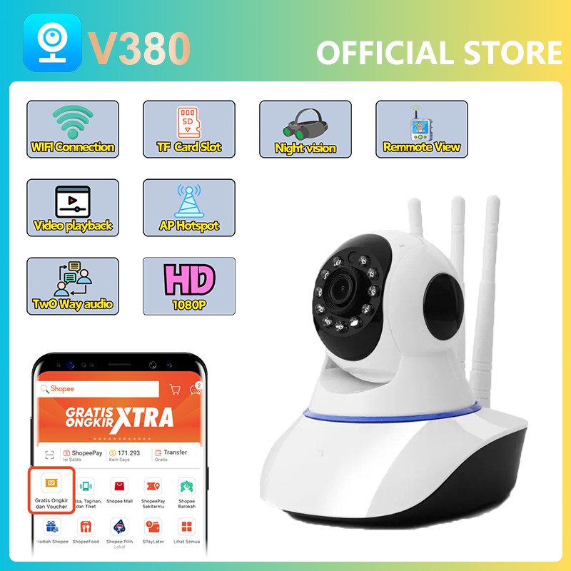 Jual CCTV V380 Pro Smart IP Kamera 3 antena Wireless IP Camera 1080HD Mini cctv wifi jarak jauh ...