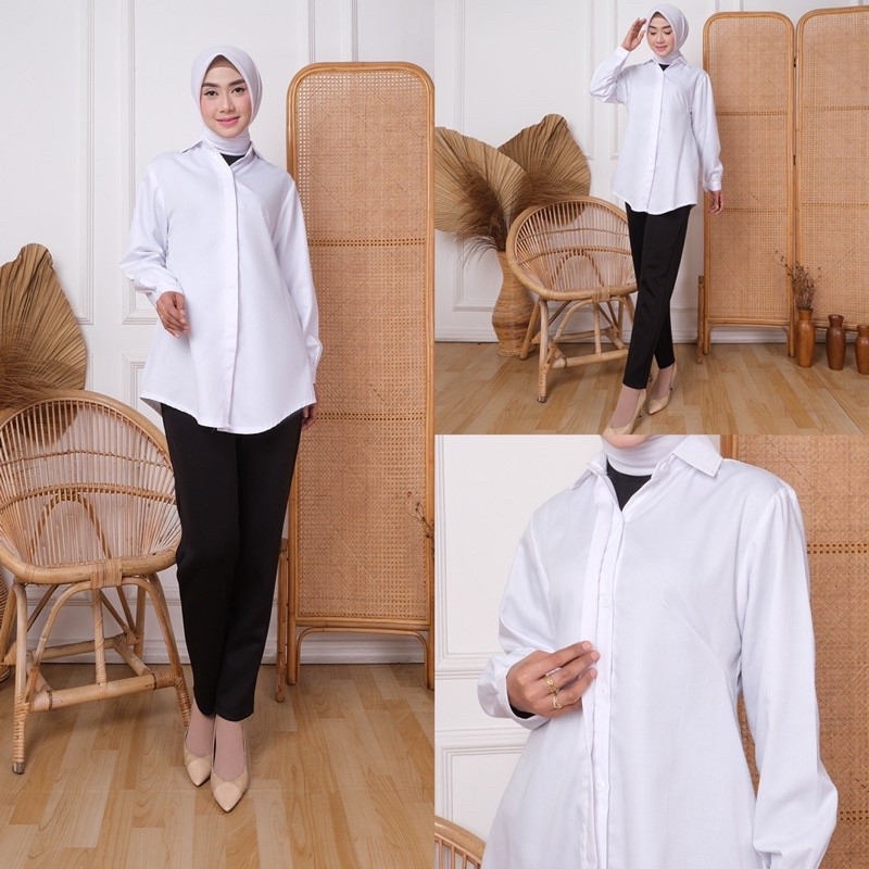 Jual Baju Putih Kemeja Putih Polos Wanita Kerja Kantoran PNS Guru Lengan Panjang Jumbo Terlaris ...