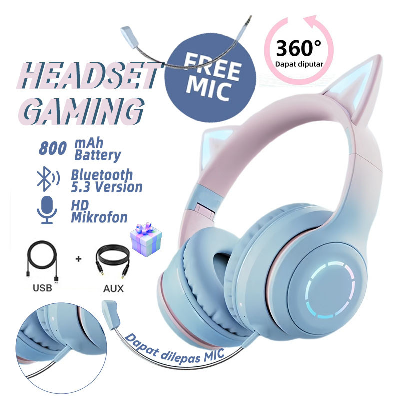 Jual Headset Gaming Bluetooth 5.3 Cat Ears Gaming Headset RGB Light 7.1 ...