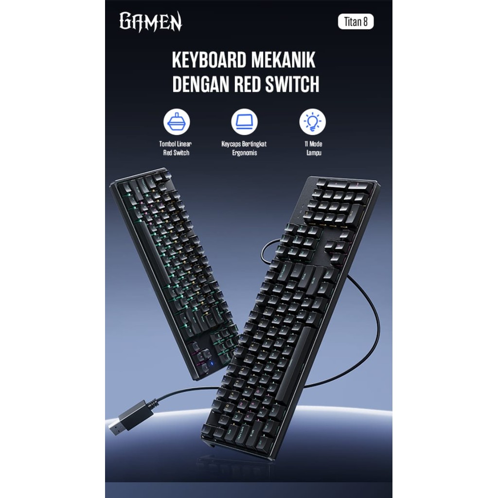 Jual GAMEN MECHANICAL KEYBOARD TITAN 8 104 KEY BLACK | Shopee Indonesia