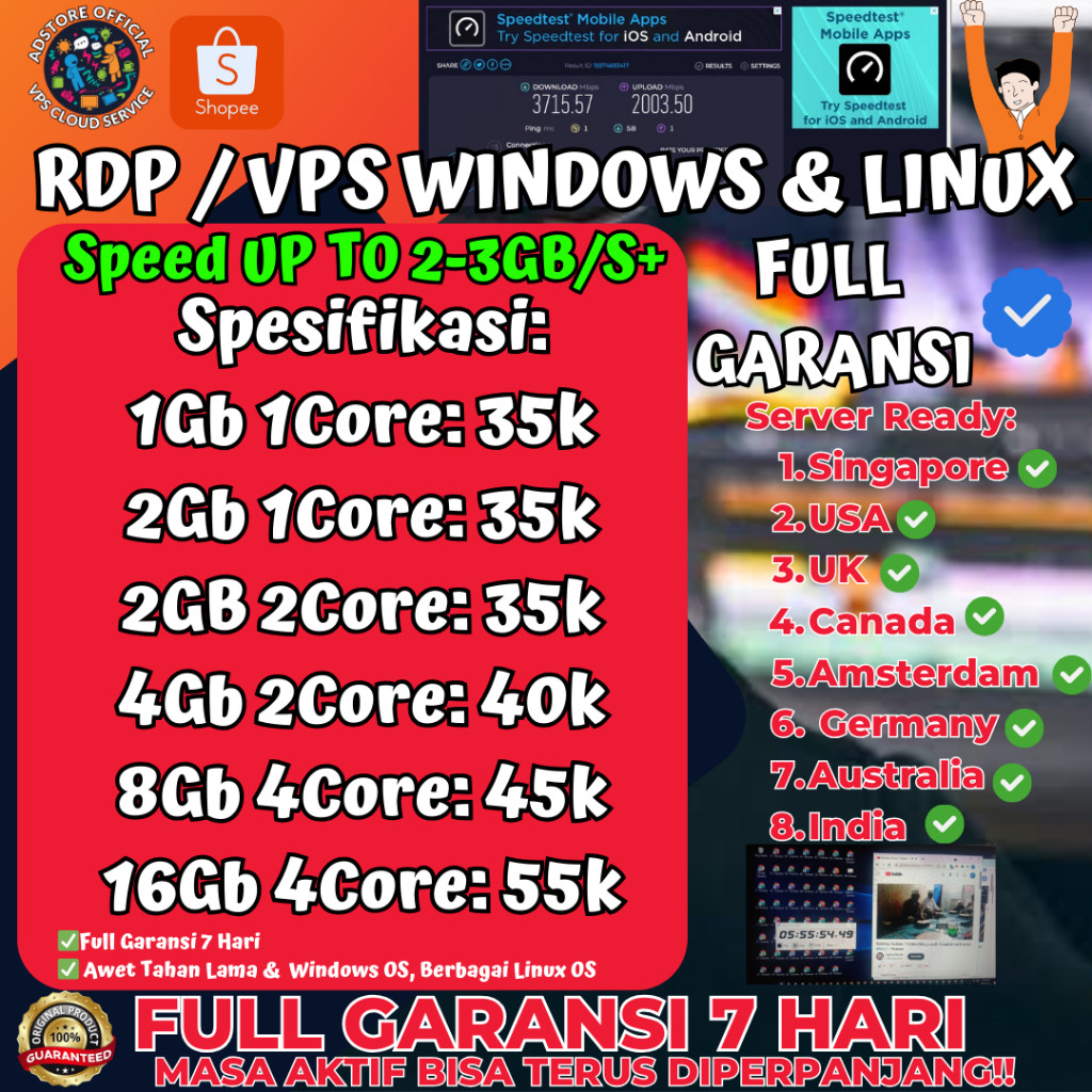 Jual RDP / VPS MINGGUAN Windows Ubuntu Debian Full root & Full Administrator & Full Garansi [ 7 ...