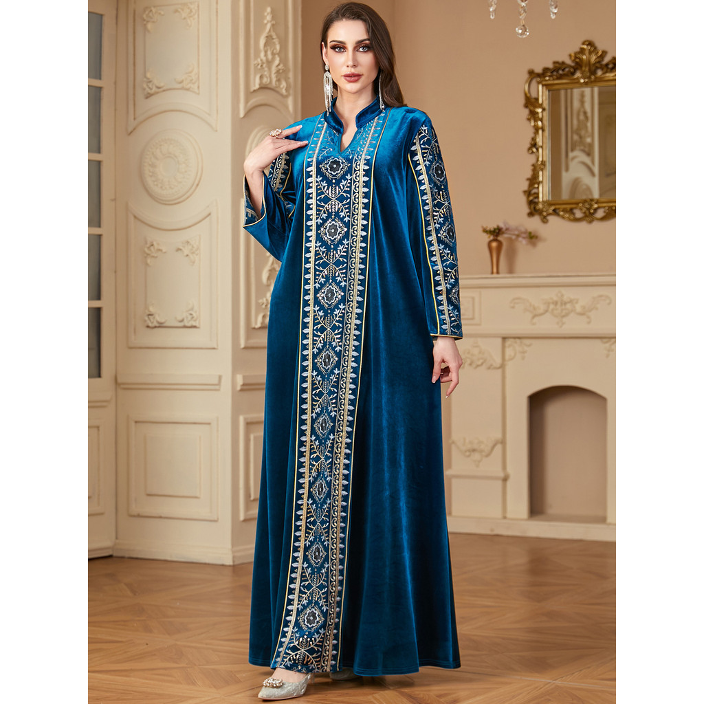 Jual Ramadan Eid Jalabiya Muslim Dress Dubai Party Vestidos Embroidery Arab Long Robe Morocco ...
