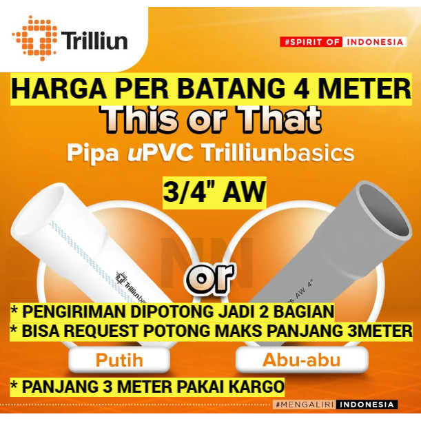 Jual PIPA PVC 3/4'' DIM INCH AW 1 BATANG 4 METER TRILLIUN PRALON ...