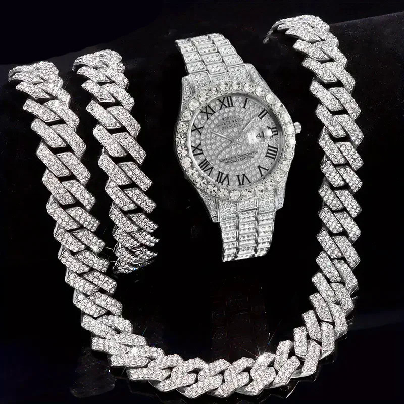 Jual 3 buah gelang Kuba jam tangan rantai untuk pria Hip Hop Miami curb ...