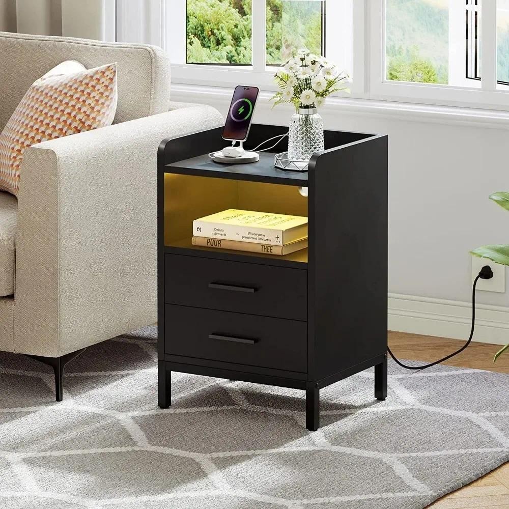 Jual Black Night Stand With LED Lights And Charging Station, End ...
