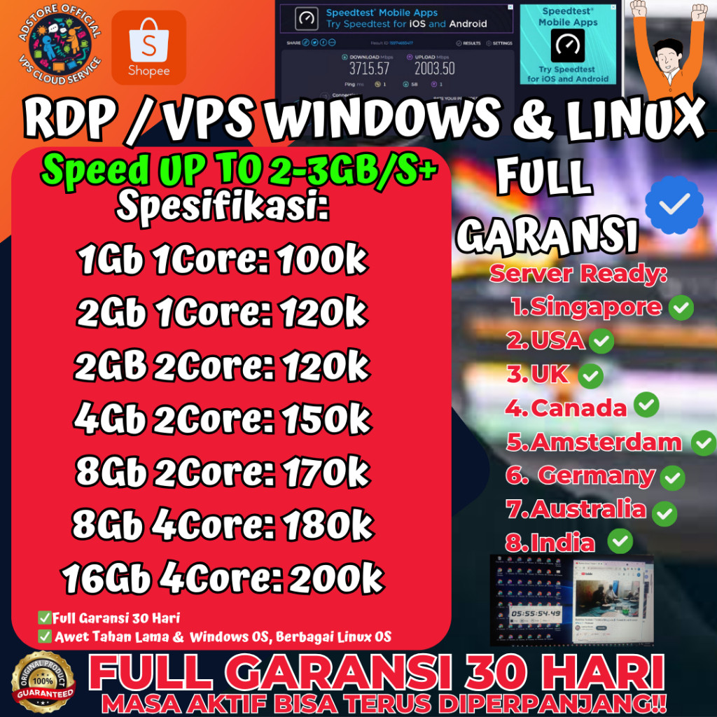 Jual RDP / VPS BULANAN Windows Ubuntu Debian Full root Full Administrator & root & Full Garansi ...
