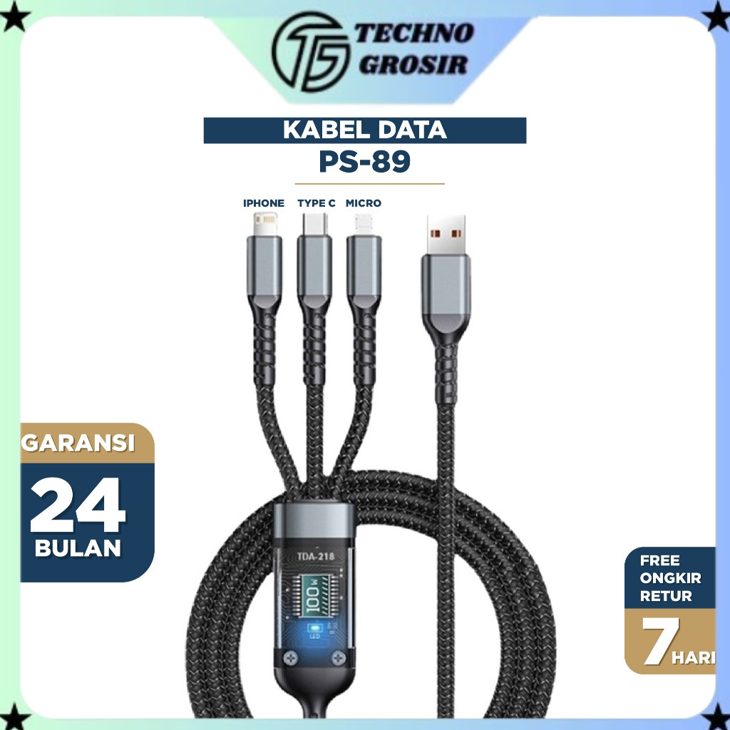 Jual Kabel data PS-89 3 IN 1 pengisian cepat PD 100W cable charger TYPE ...