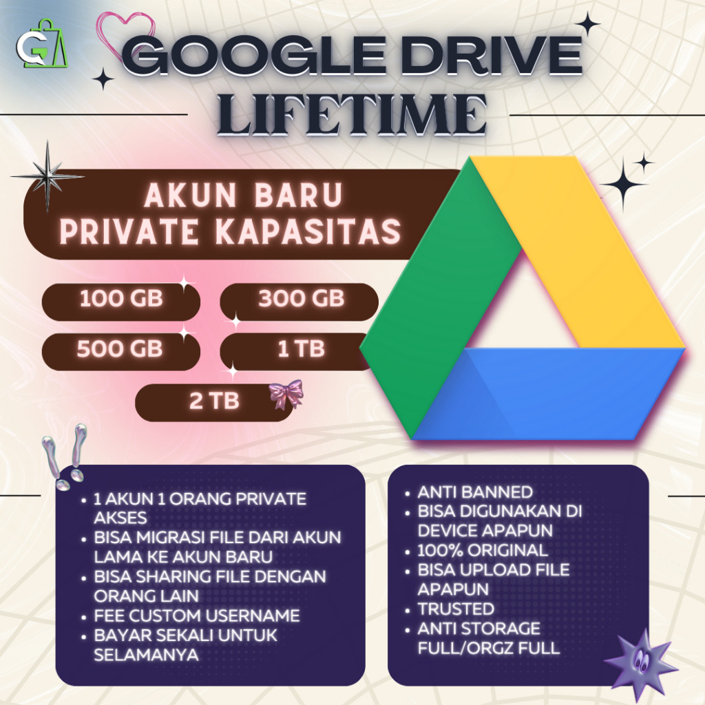 Jual Google Drive Gdrive Unlimited 100GB 300GB 500 GB 1TB 2TB Lifetime Bergaransi Premium ...