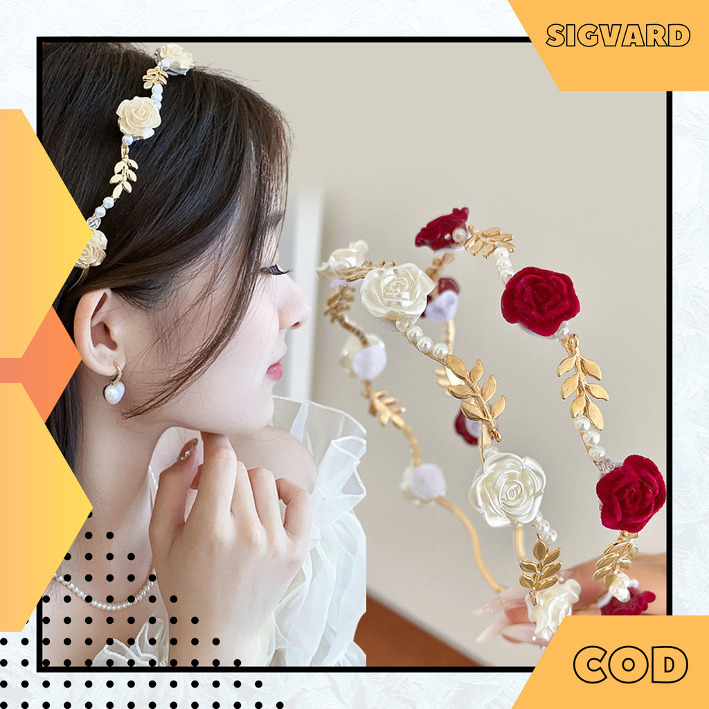 Jual SIGVARDSTORE Bando Mutiara Bunga Mawar Emas Bondu Wanita Mahkota ...