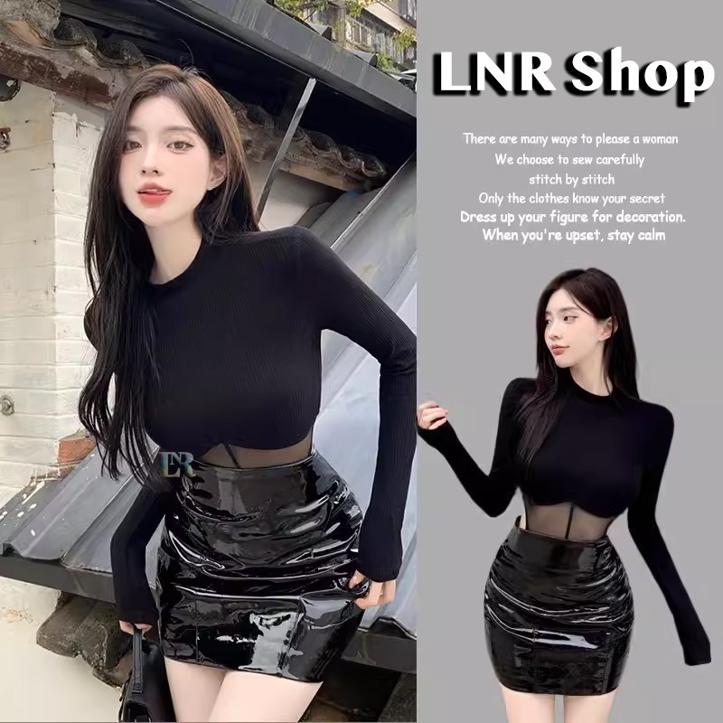 Jual LNR Shop Jumpsuit Mesh Pathed Sexy Women Bodysuit Long Sleeve ...
