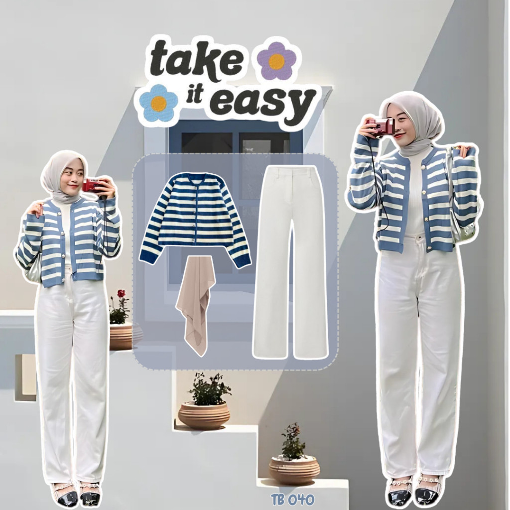Jual One SET Korean Style Atasan Cardigan Stripe Biru Celana Scuba Putih Hijab Bella Square ...