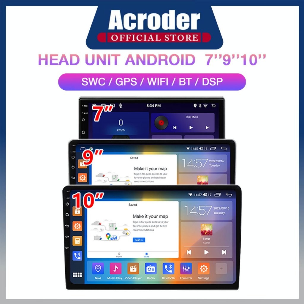 Jual Acroder Head Unit Android 4G+32G IPS Screen 7/9/10 Inch Carplay Navigasi Double Din WiFi ...