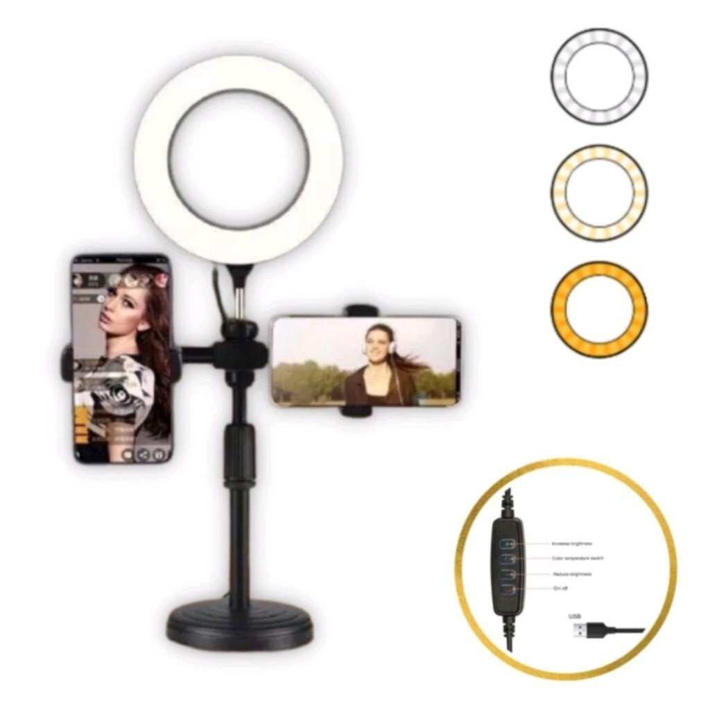 Jual Ring Light Tripod 2 Holder Stand Handphone Ganda Live Streaming ...