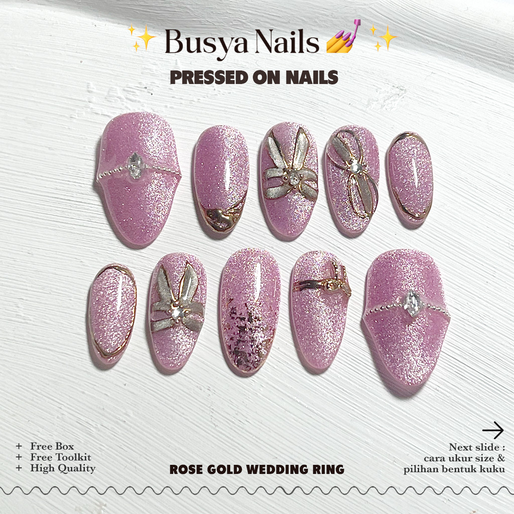 Jual Busya Nails - Rose Gold Wedding Ring Pressed On Nails Gel Free ...