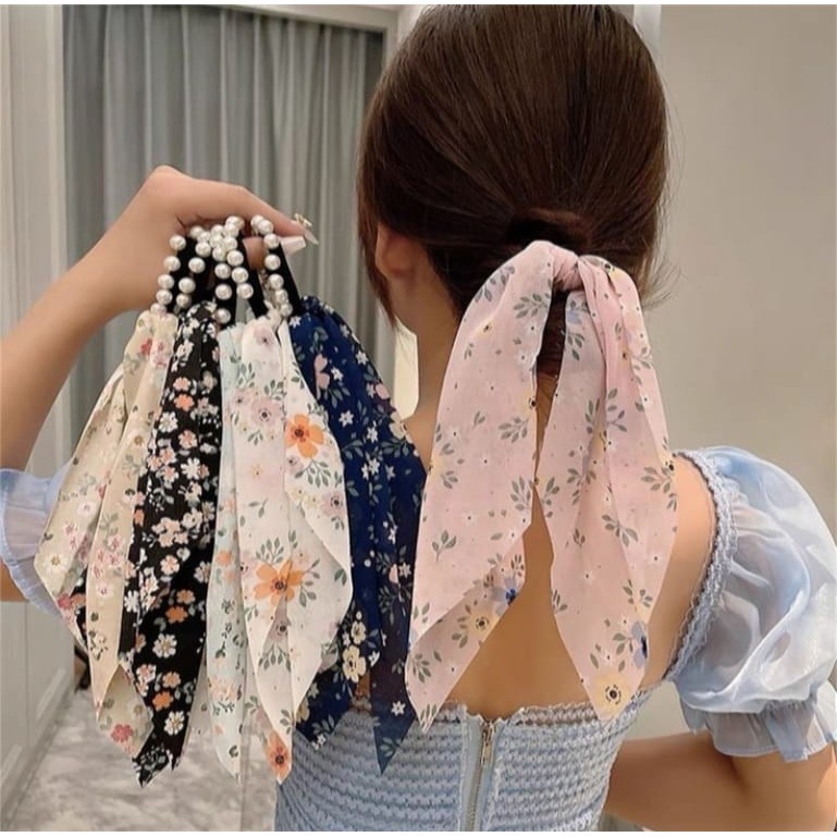 Jual Ikat Rambut Mutiara Pita Motif Bunga Ikat rambut anak Karet rambut ...