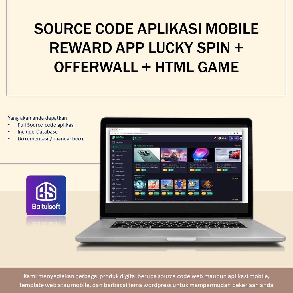 Jual SOURCE CODE APLIKASI MOBILE REWARD APP LUCKY SPIN + OFFERWALL + HTML GAME | Shopee Indonesia