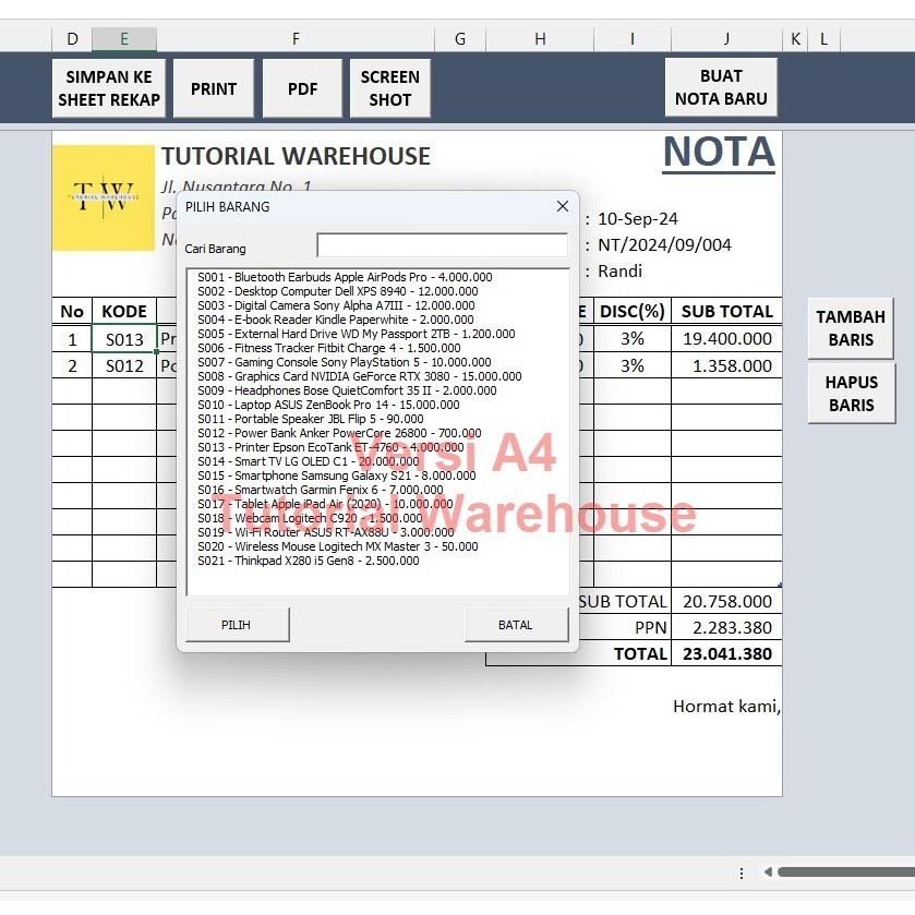 Jual Template Excel Nota Penjualan Otomatis Simpan ke Arsip, Cetak PDF ...
